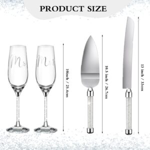 Boao 4 Piece Wedding Toasting Flutes and Cake Server Set Wedding Reception Supplies Champagne Glasses Cake Knife Pie Server (White Diamond, Simple)