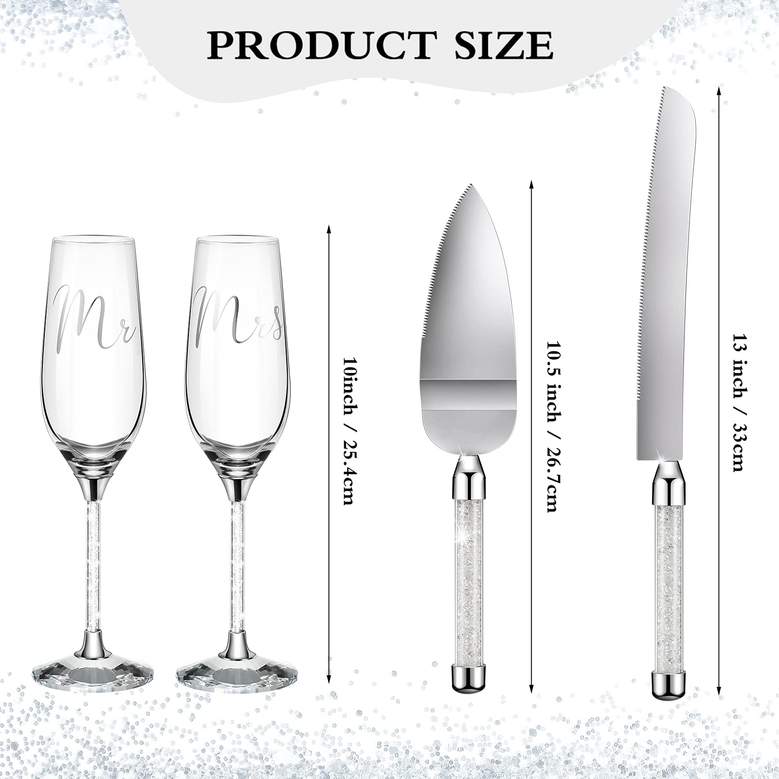 Boao 4 Piece Wedding Toasting Flutes and Cake Server Set Wedding Reception Supplies Champagne Glasses Cake Knife Pie Server (White Diamond, Simple)