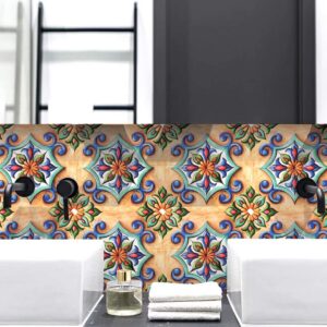 Self-Adhesive DIY Stickers Peel and Stick Wall Backsplash Decals Home Tiles for Kitchen/Living Room/Bathroom in Moroccan Portuguese Mexican Talavera Design - Pack of 6