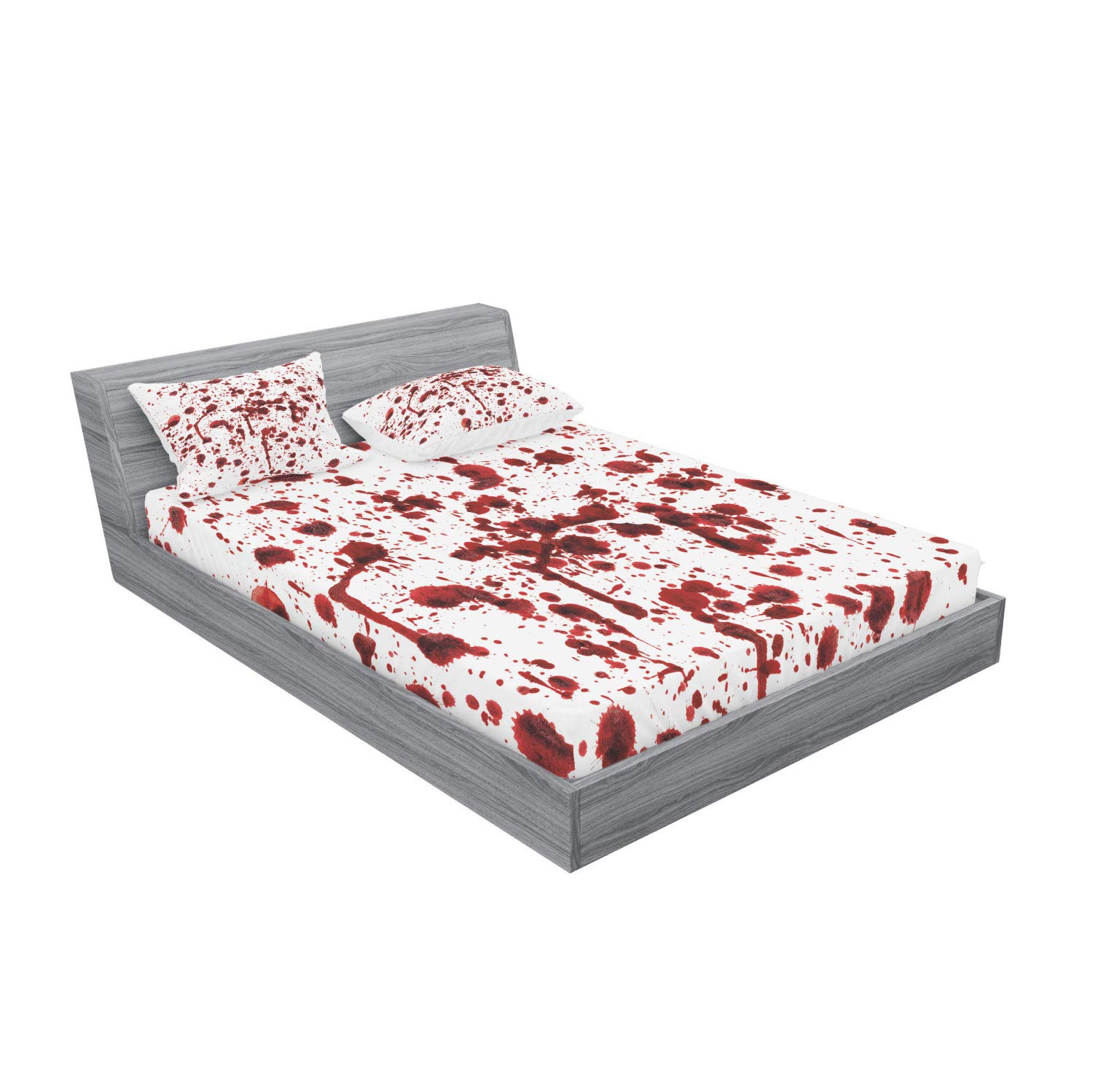 Ambesonne Fitted Sheet & Pillow Sham Set for Halloween Bedroom Home Decorations Blood Splashes Grunge Bloodstain Horror Scary Zombie Graphic Printed 3 Piece Bedding Decor Set Full, Scarlet White