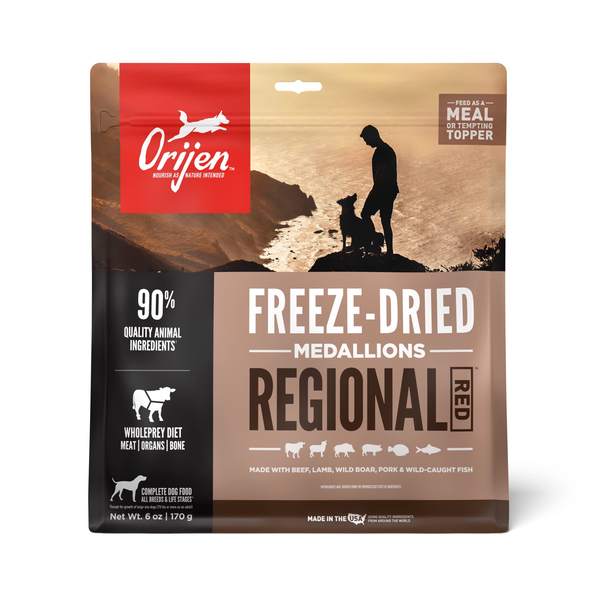 ORIJEN Regional RED Freeze Dried Medallions Dog Food & Topper, Grain Free Dog Food, WholePrey Ingredients, 6oz