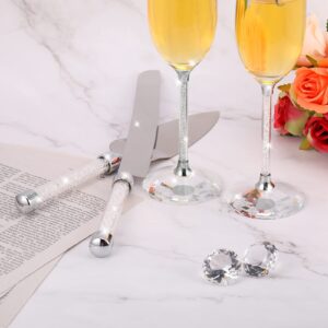 Boao 4 Piece Wedding Toasting Flutes and Cake Server Set Wedding Reception Supplies Champagne Glasses Cake Knife Pie Server (White Diamond, Simple)