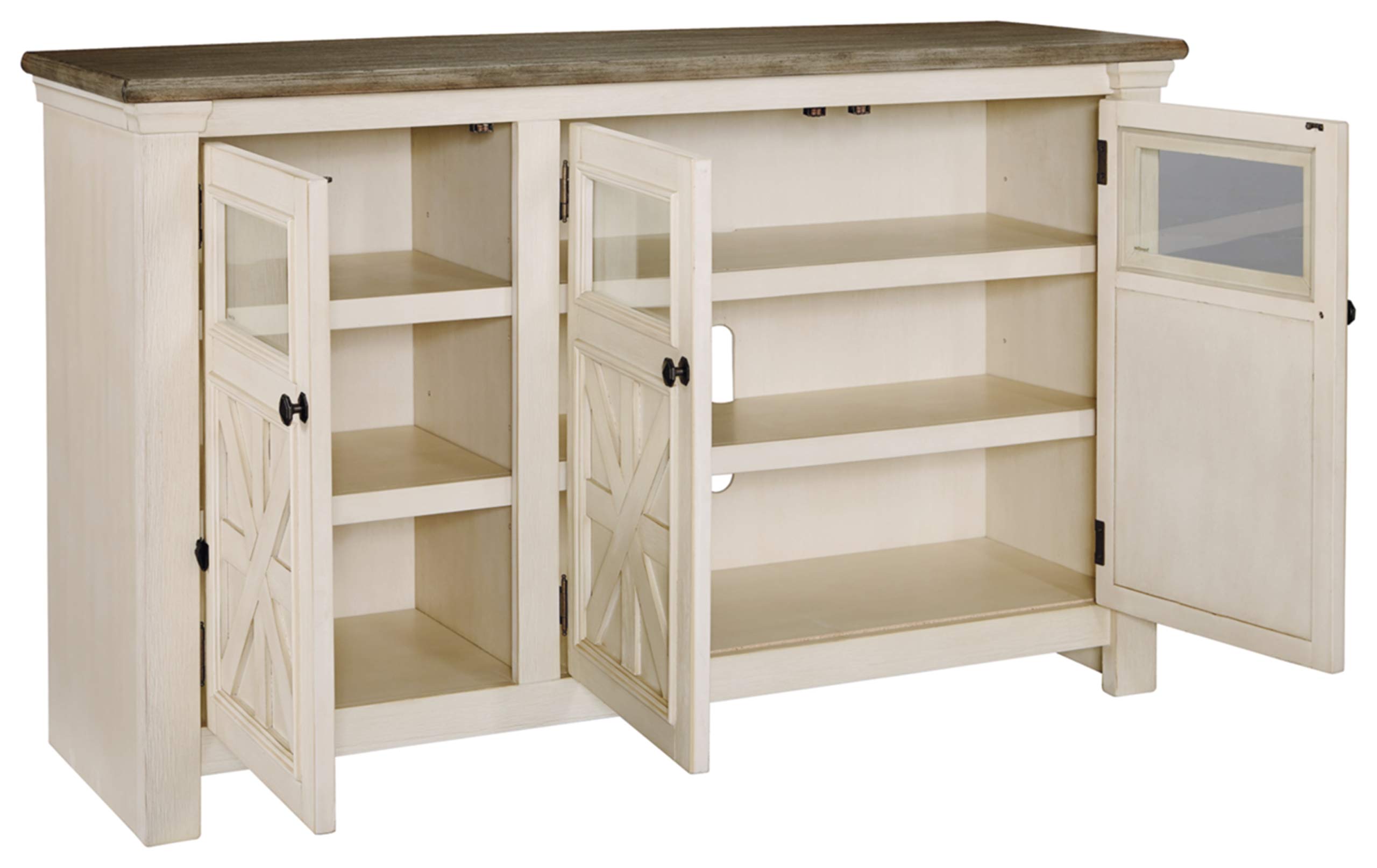 Signature Design by Ashley Bolanburg Farmhouse TV Stand Fits TVs up to 58", 2 Cabinet Doors and 4 Adjustable Storage Shelves, Whitewash & Light Brown