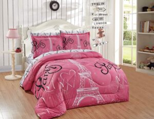 home collection twin size comforter and sheet set paris eiffel tower hearts flowers for girls/teens white pink black pink / white new