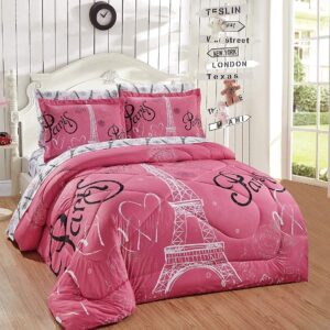 Home Collection Twin Size Comforter And Sheet Set Paris Eiffel Tower Hearts Flowers for Girls/Teens White Pink Black Pink / White New