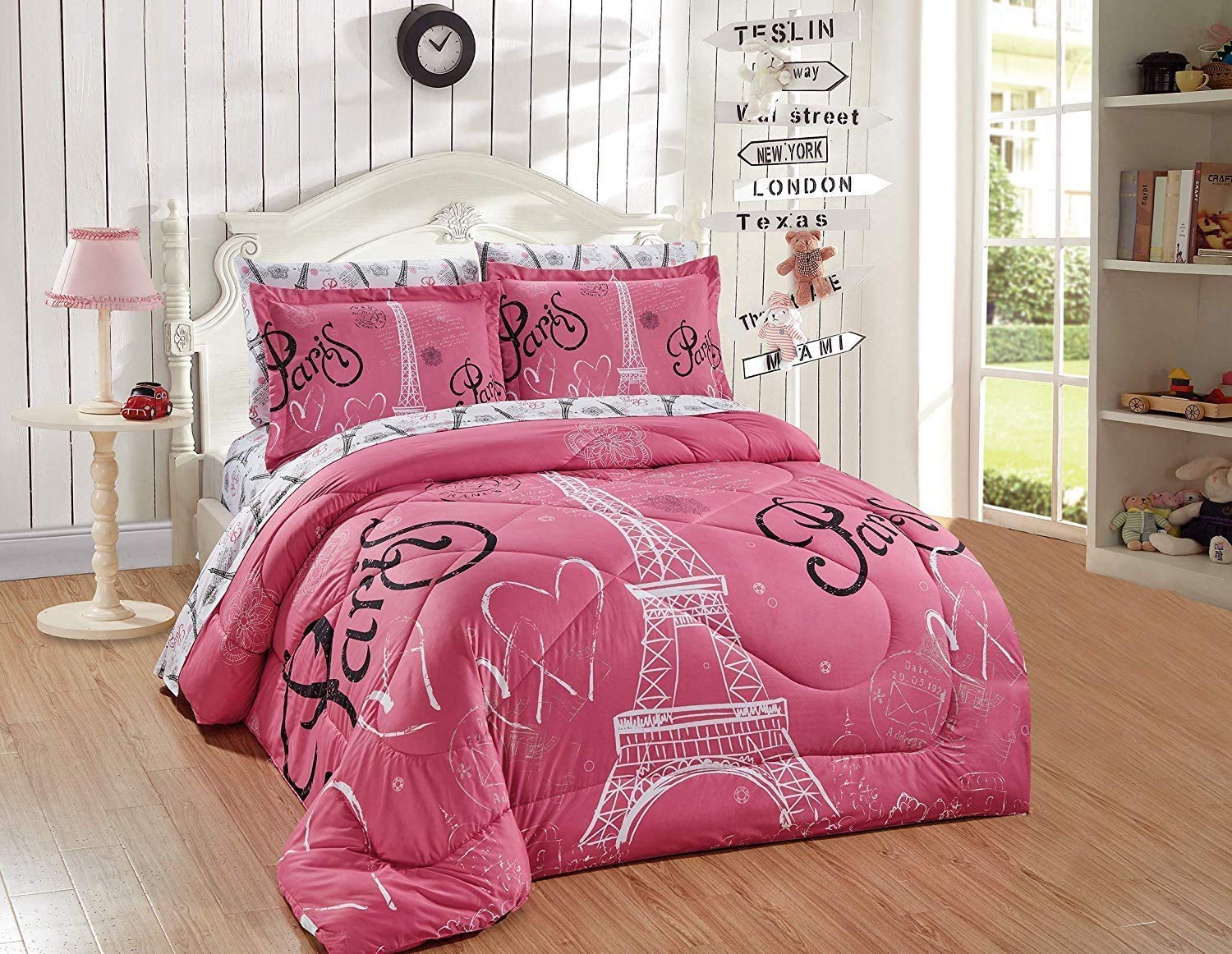 Home Collection Twin Size Comforter And Sheet Set Paris Eiffel Tower Hearts Flowers for Girls/Teens White Pink Black Pink / White New