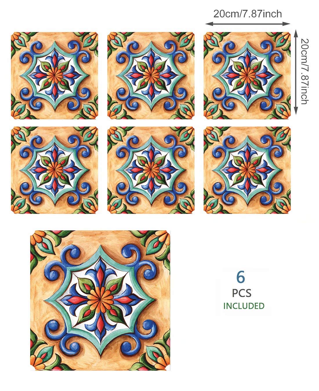 Self-Adhesive DIY Stickers Peel and Stick Wall Backsplash Decals Home Tiles for Kitchen/Living Room/Bathroom in Moroccan Portuguese Mexican Talavera Design - Pack of 6