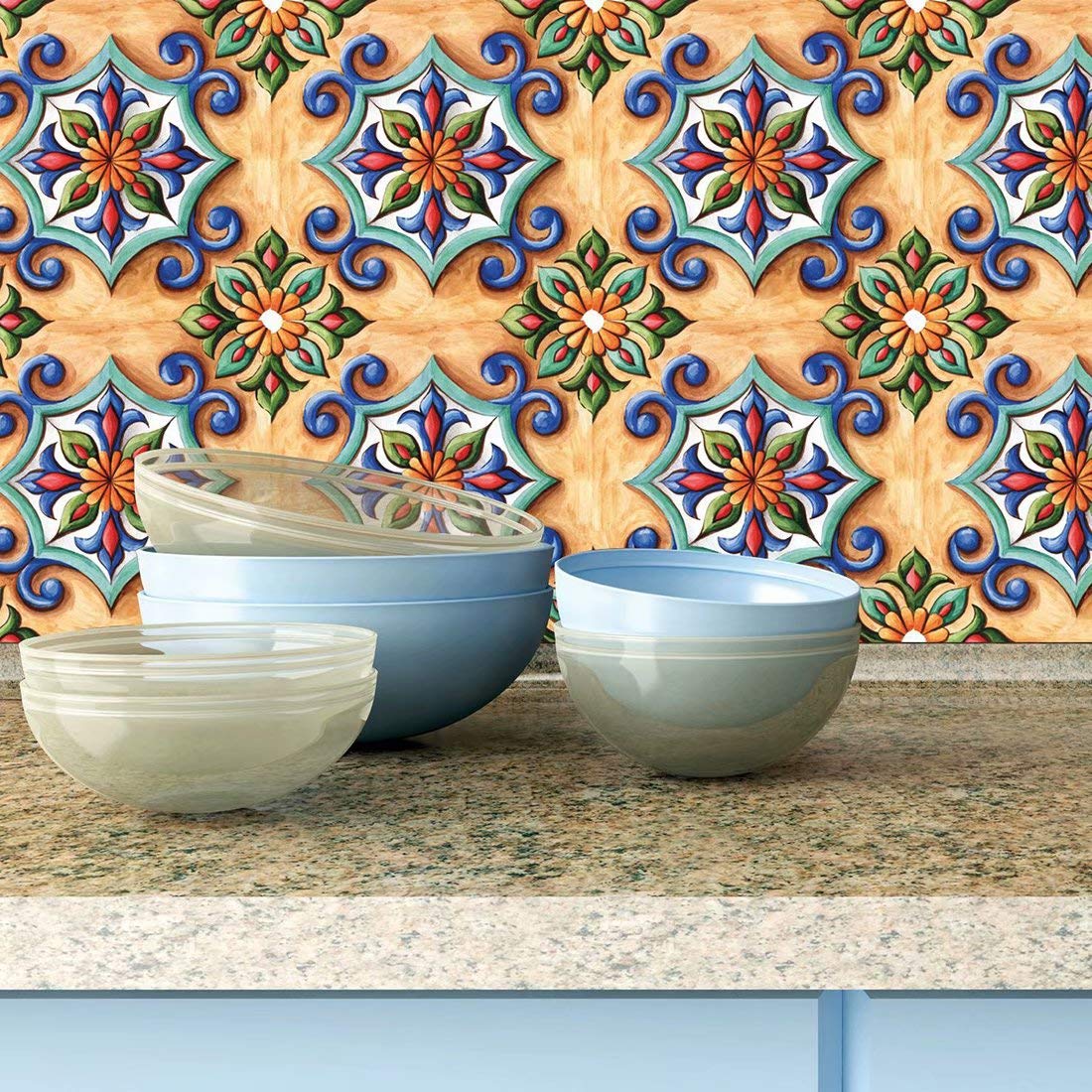 Self-Adhesive DIY Stickers Peel and Stick Wall Backsplash Decals Home Tiles for Kitchen/Living Room/Bathroom in Moroccan Portuguese Mexican Talavera Design - Pack of 6