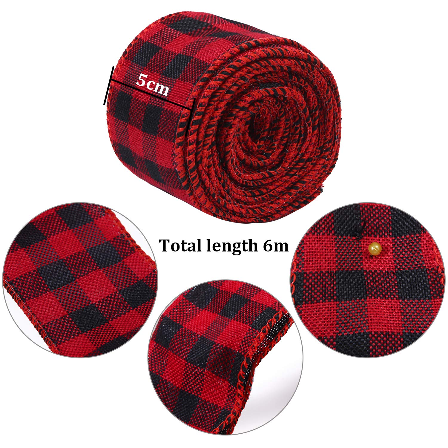 URATOT 2 Rolls Red and Black Plaid Burlap Ribbon Wired Ribbon Christmas Wrapping Ribbon for Christmas Crafts Decoration, Floral Bows Craft, 472 by 1.9 Inches