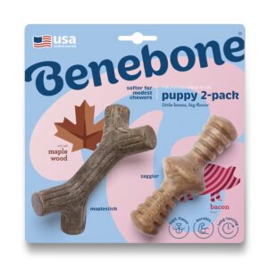 benebone puppy 2-pack maplestick/zaggler durable dog chew toys for gentle chewers, real bacon, real maplewood, made in usa, tiny