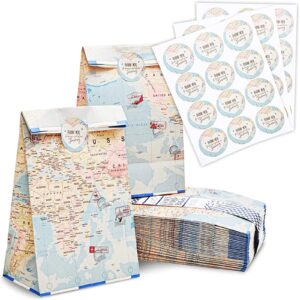 blue panda 36 pack world map travel favor bags with stickers gift bag for travel themed party decorations - birthday baby shower goodie bags for kids (8.7 x 5.15 in) - travel theme party favors