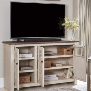 Signature Design by Ashley Bolanburg Farmhouse TV Stand Fits TVs up to 58", 2 Cabinet Doors and 4 Adjustable Storage Shelves, Whitewash & Light Brown