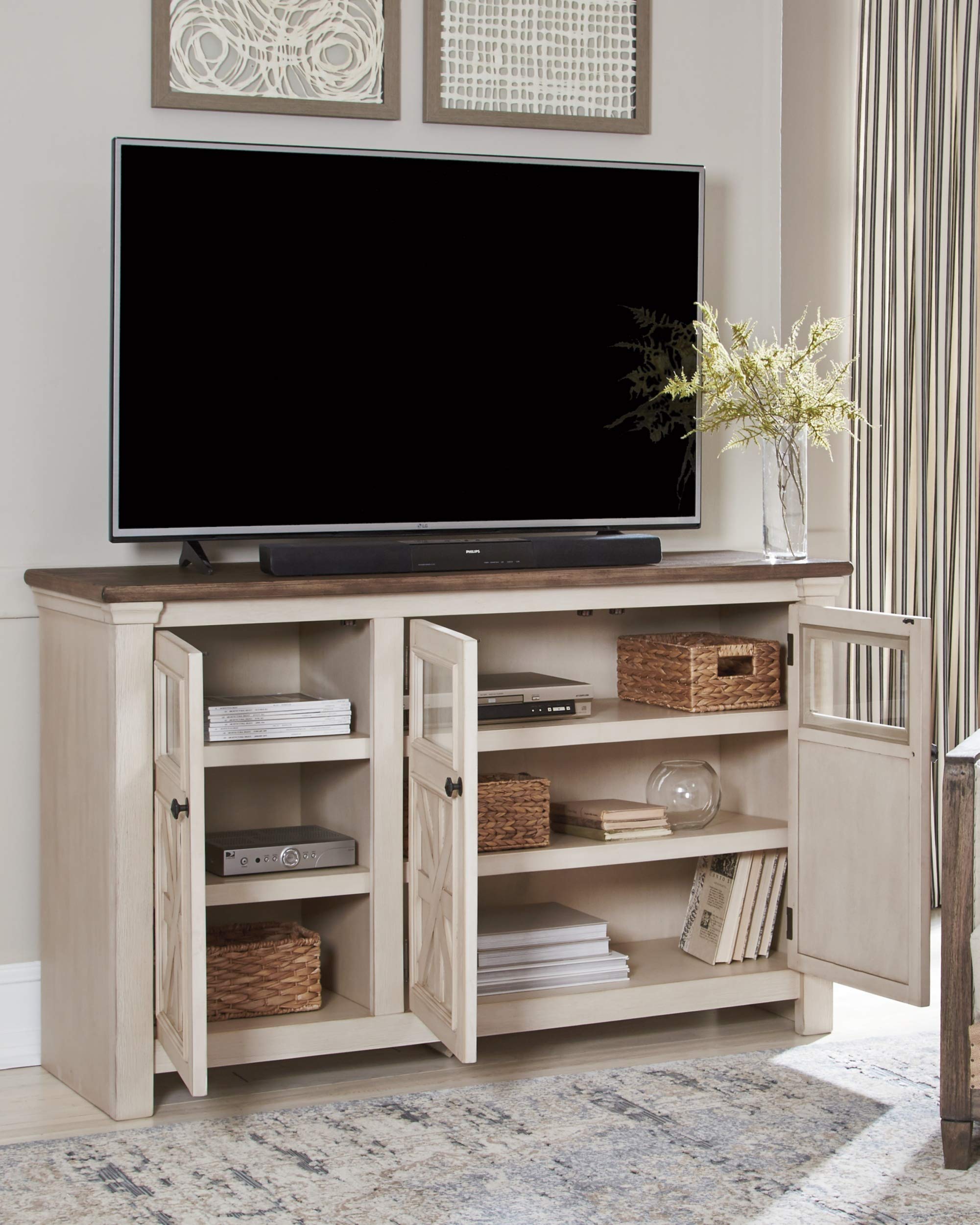 Signature Design by Ashley Bolanburg Farmhouse TV Stand Fits TVs up to 58", 2 Cabinet Doors and 4 Adjustable Storage Shelves, Whitewash & Light Brown