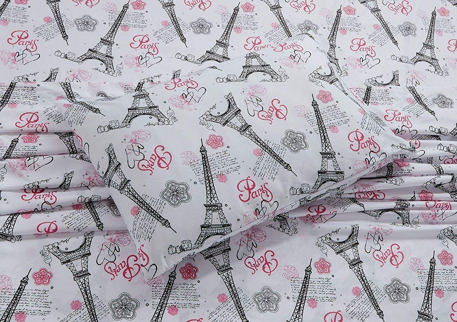 Home Collection Twin Size Comforter And Sheet Set Paris Eiffel Tower Hearts Flowers for Girls/Teens White Pink Black Pink / White New