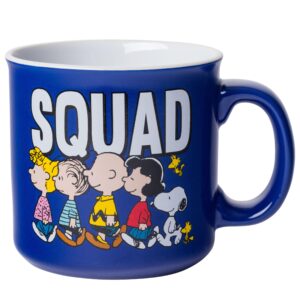 silver buffalo peanuts squad featuring sally, linus, charlie brown, lucy, snoopy, and woodstock ceramic camper mug, 20 ounces