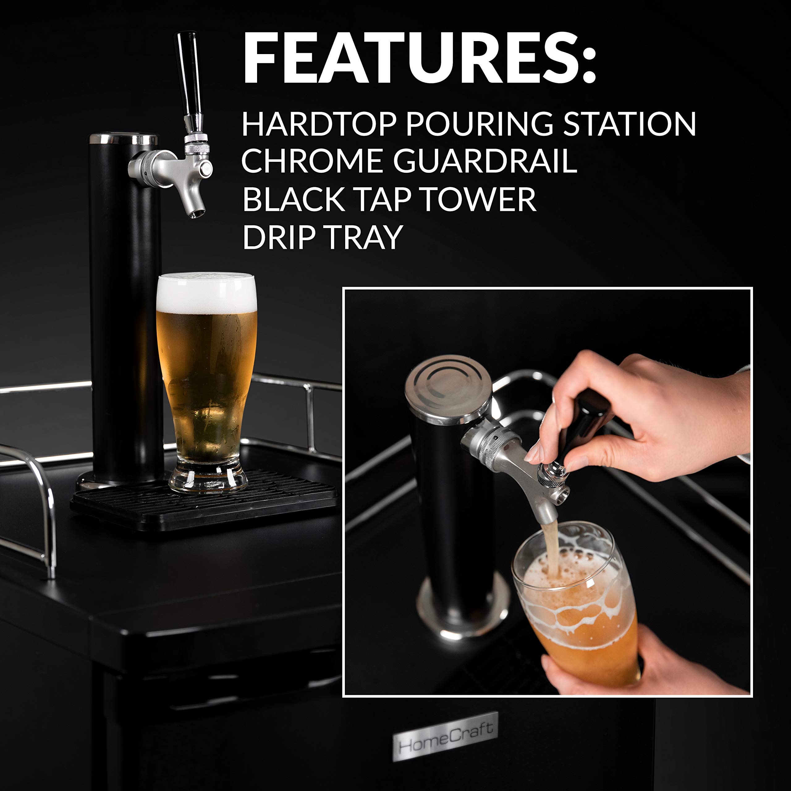 HomeCraft Black Stainless Steel Full-Size Kegerator Draft Beer Dispenser & Beer Cooler, Spring-Loaded Tap Dispenser, Holds 1/6, 1/4, 1/2 Barrels, 2.5-Pound CO2 Tank, Single Meter Regulator