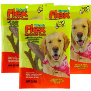 Fido Flex Hip and Joint Care Bones for Dogs, Made with Glucosamine, Chondroitin, and Cherries - Promotes Mobility, Joint Function, and Naturally Reduces Plaque - 8 Medium Treats Per Pack, Pack of 3