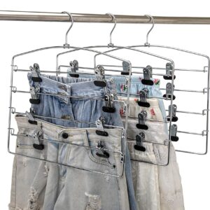 3 Quality Multi Pants Hangers, Real Heavy Duty, Space-Saving Multi-Bar Metal Hangers, Stable with Non-Slip Foam Padding, Swivel Hook for 5 Jeans Each, Suit Pants, Scarves, Towels, Trousers (Pants, 3)