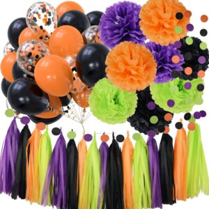 halloween party decorations - hocus pocus trunk or treat car decorations kit for suv orange black purple green tissue pom pom tassels garlands balloons for halloween birthday baby shower decorations