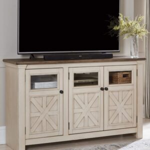 Signature Design by Ashley Bolanburg Farmhouse TV Stand Fits TVs up to 58", 2 Cabinet Doors and 4 Adjustable Storage Shelves, Whitewash & Light Brown