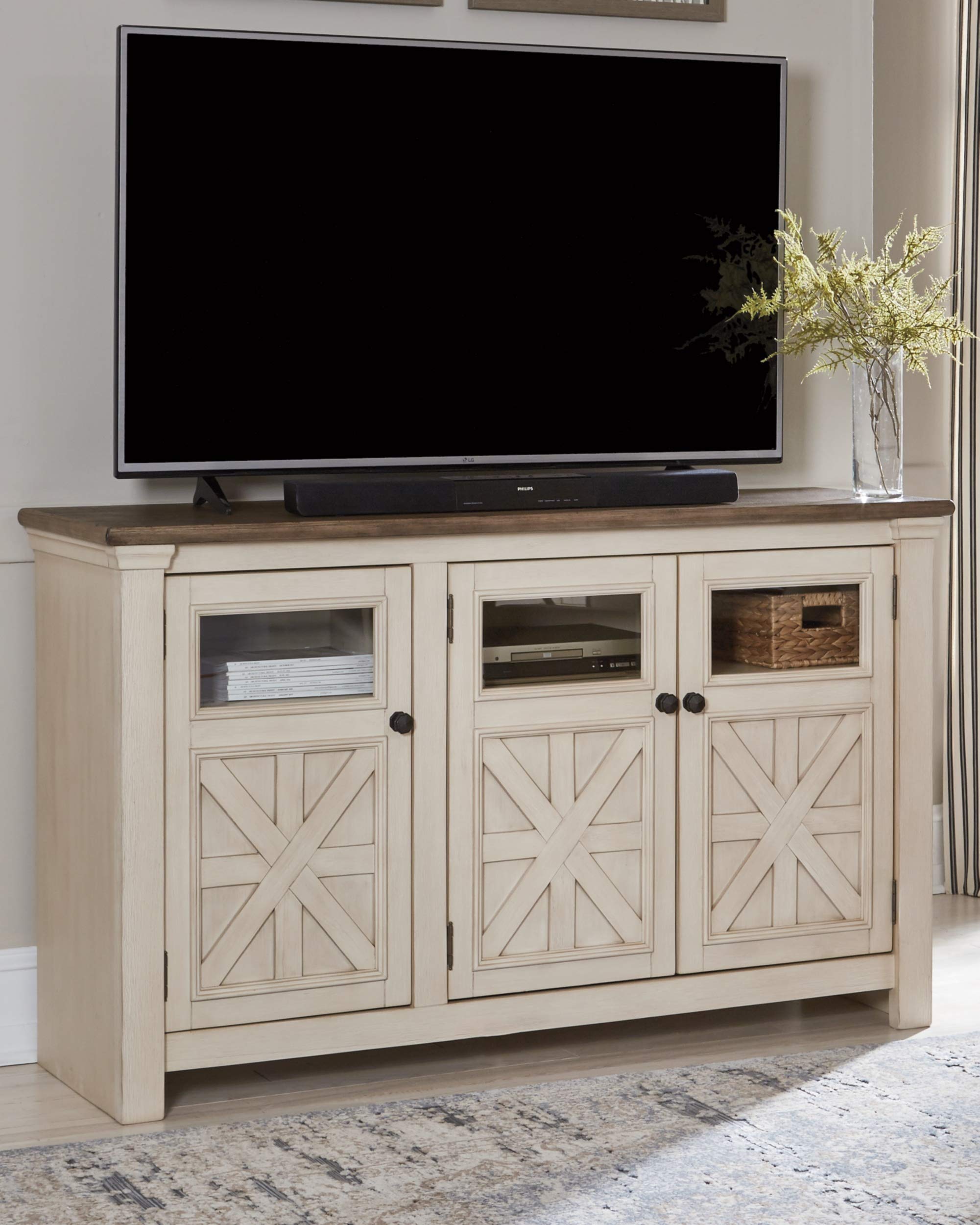 Signature Design by Ashley Bolanburg Farmhouse TV Stand Fits TVs up to 58", 2 Cabinet Doors and 4 Adjustable Storage Shelves, Whitewash & Light Brown