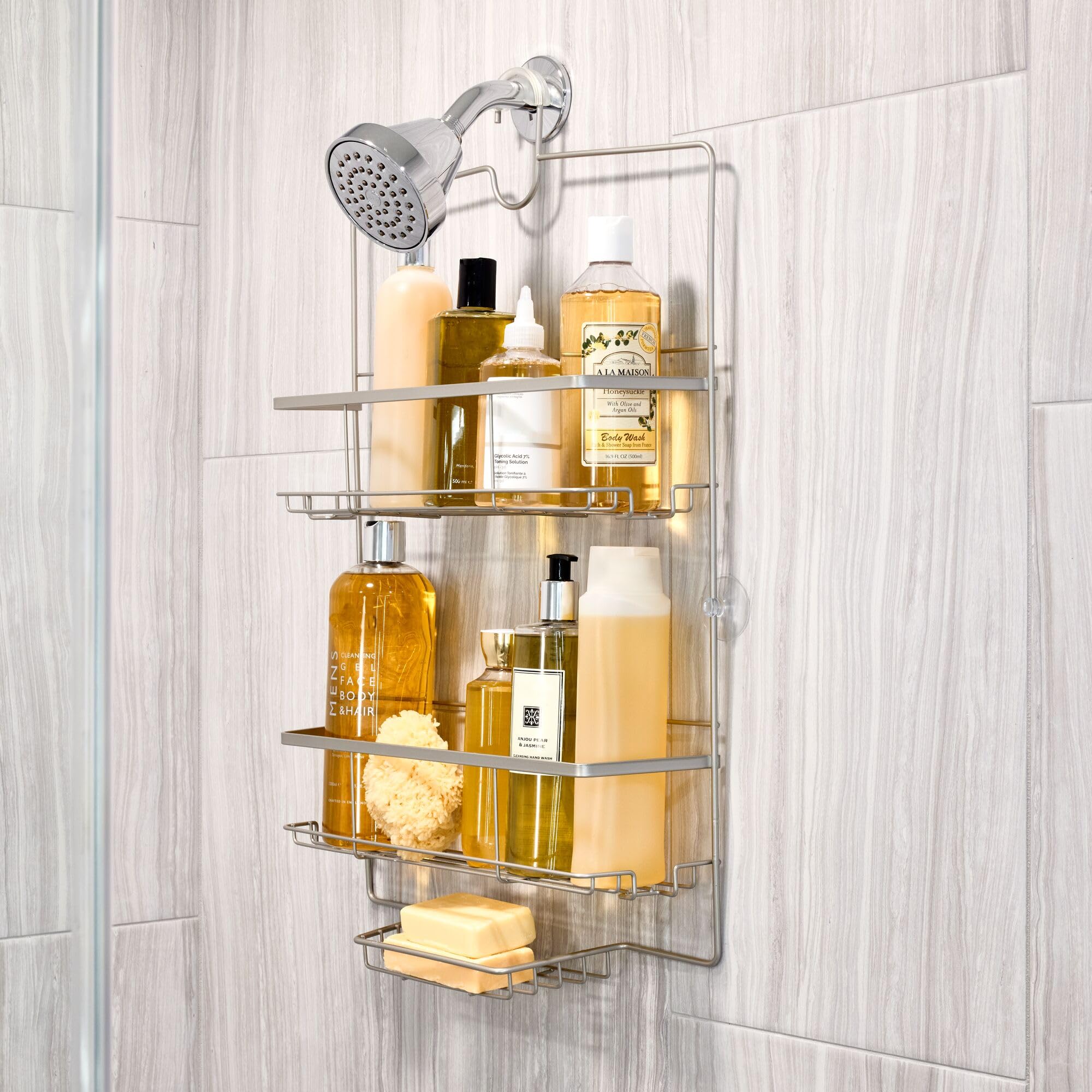 iDesign Everett Wide Metal Hanging Shower Caddy, Bath Organizer Holds Shampoo, Razors, Conditioner, Soap, 15.5" x 4.14" x 25.21", Satin