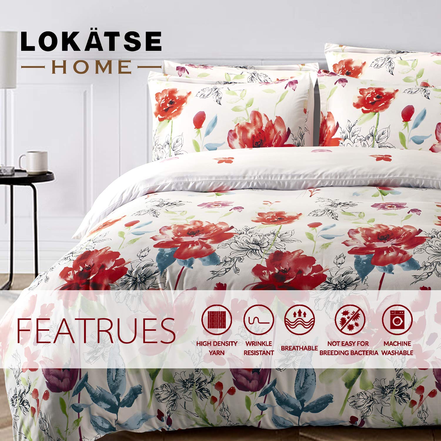 LOKATSE HOME 3 Pcs Printed Duvet Cover Set with 2 Pillowcase Soft and Comfortable - Machine Washable (Queen/Colorful), Colorful-Leaves