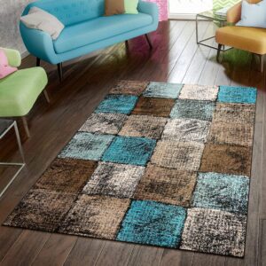 area rug for living room in brown cream turquoise checked modern style good value, size:6'7" x 9'2"