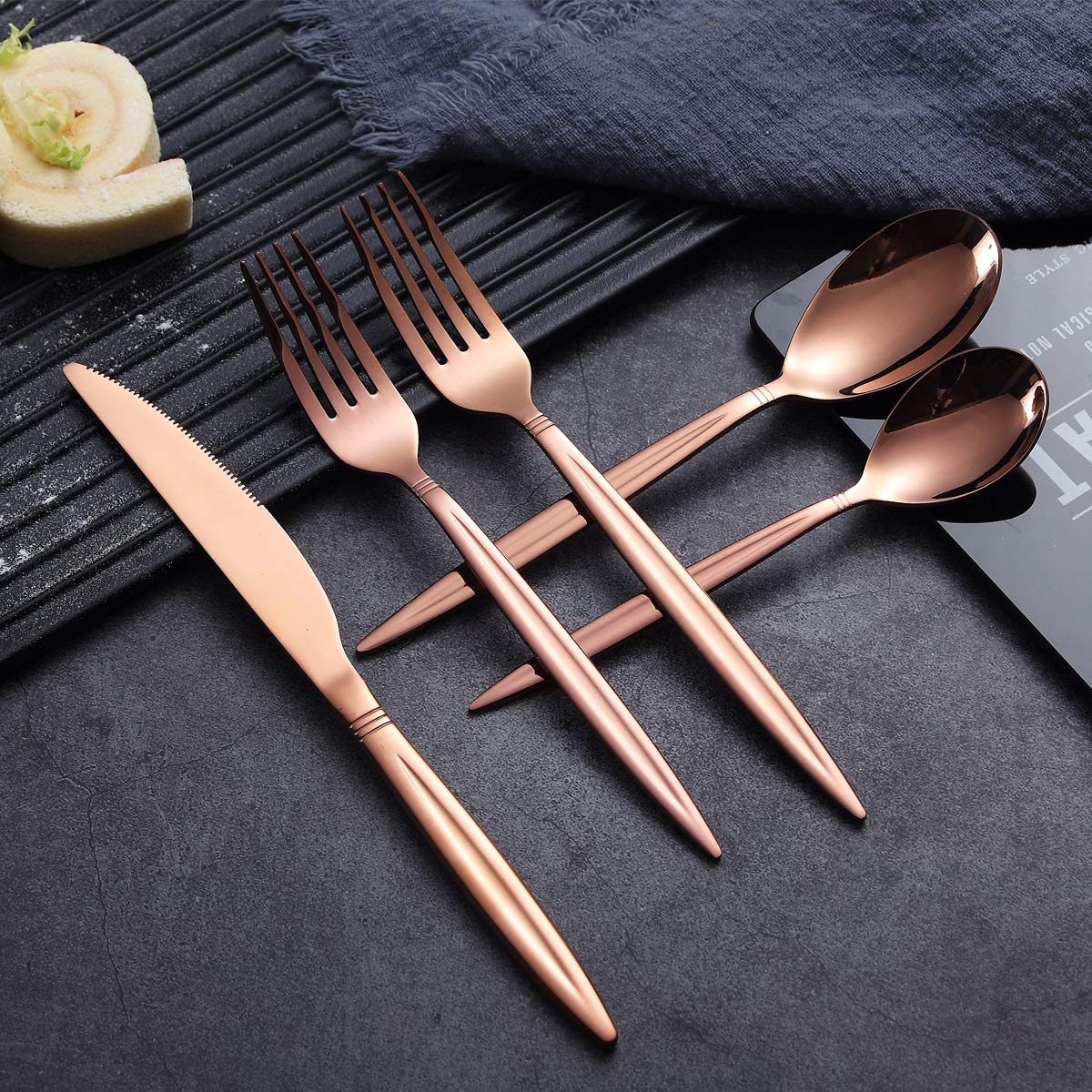 Rose Gold Silverware Set, Berglander Titanium Rose Gold Plating Flatware Set 20 Pieces, Stainless Steel Rose Gold Cutlery Set, Copper Silverware Set Service For 4