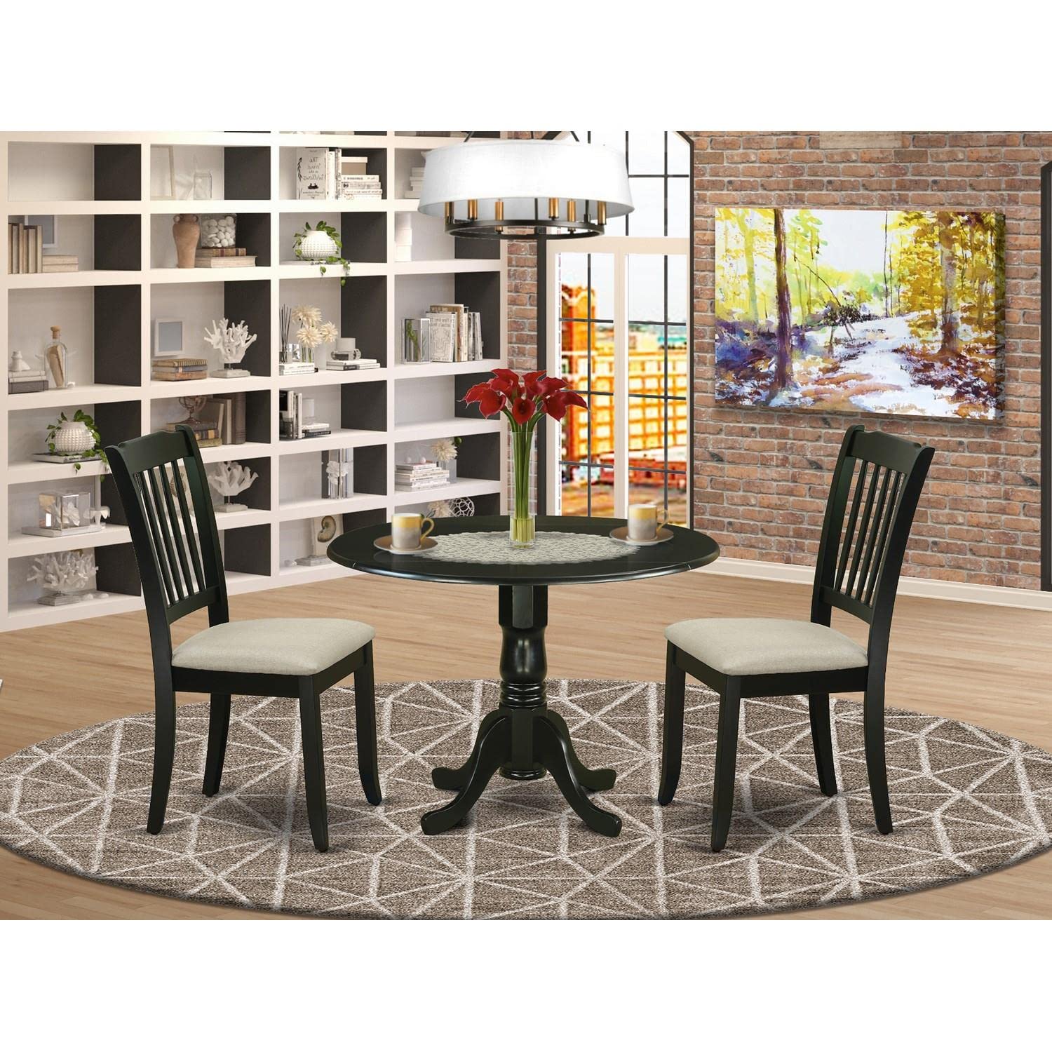 East West Furniture DLDA3-BLK-C 3 Piece Dining Set Contains a Round Dining Room Table with Dropleaf and 2 Linen Fabric Upholstered Kitchen Chairs, 42x42 Inch, Black