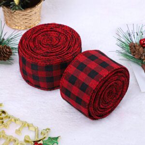 URATOT 2 Rolls Red and Black Plaid Burlap Ribbon Wired Ribbon Christmas Wrapping Ribbon for Christmas Crafts Decoration, Floral Bows Craft, 472 by 1.9 Inches