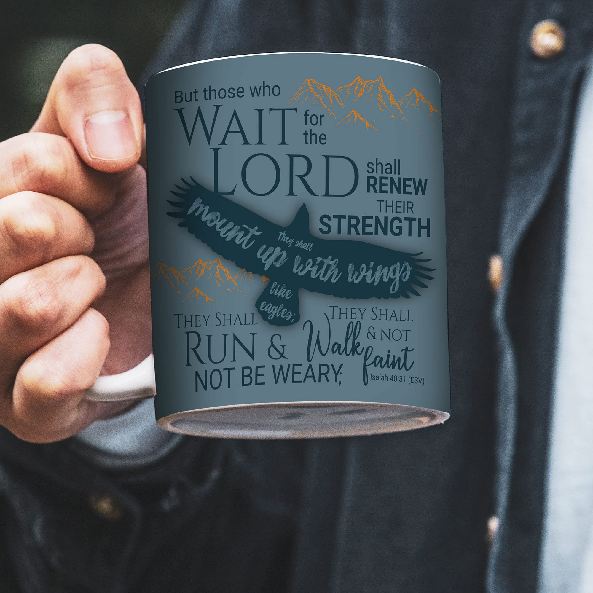 Christian Mug with Gift Box, 12 oz, Eagles wings, with Bible verse Isaiah 40:31. These Christian Coffee Mugs make perfect Christian gifts for men, by Just Cards Direct (Blue/Eagles)