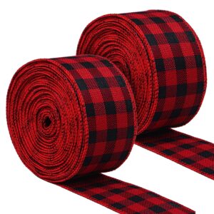 uratot 2 rolls red and black plaid burlap ribbon wired ribbon christmas wrapping ribbon for christmas crafts decoration, floral bows craft, 472 by 1.9 inches