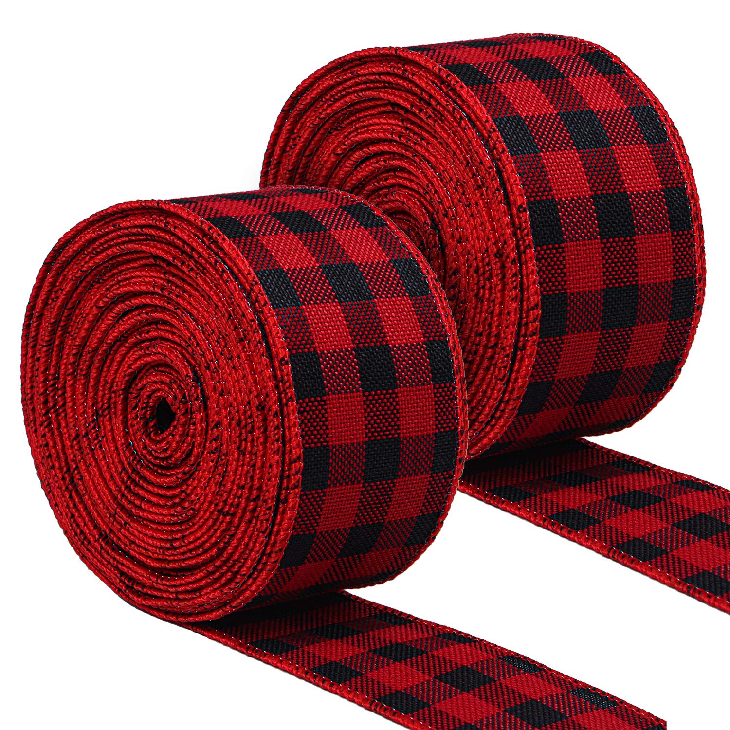 URATOT 2 Rolls Red and Black Plaid Burlap Ribbon Wired Ribbon Christmas Wrapping Ribbon for Christmas Crafts Decoration, Floral Bows Craft, 472 by 1.9 Inches