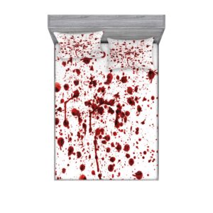 ambesonne fitted sheet & pillow sham set for halloween bedroom home decorations blood splashes grunge bloodstain horror scary zombie graphic printed 3 piece bedding decor set full, scarlet white