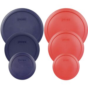 pyrex round storage cover, replacement lids for glass bowl, 2 (6/7) cup red/blue lids, 2 (4) cup red/blue lids, 2 (2) cup red/blue lids, 6 lids total