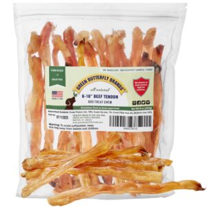 green butterfly brands beef tendons for dogs made in usa. 6-10 inch grass fed farm-raised american beef dog treats. all natural dog dental chews. grain free odor-free beef dog chews (8 oz)