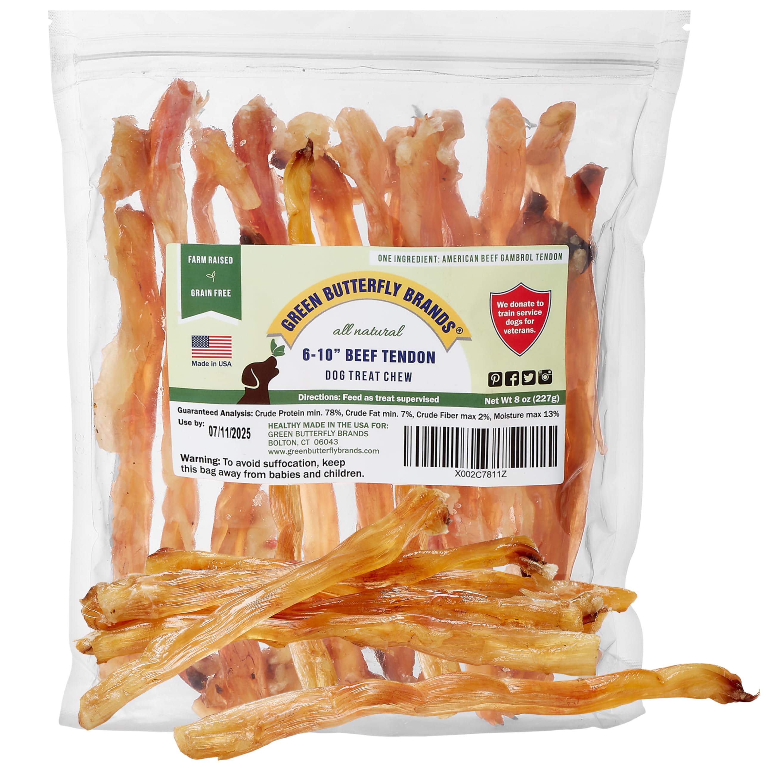 Green Butterfly Brands Beef Tendons for Dogs Made in USA. 6-10 Inch Grass Fed Farm-Raised American Beef Dog Treats. All Natural Dog Dental Chews. Grain Free Odor-Free Beef Dog Chews (8 OZ)