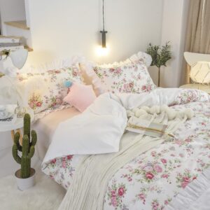 fadfay floral duvet cover set 100% cotton twin size pink and white reversible rose bedding set 600 tc soft farmhouse vintage girls shabby & chic princess ruffle lace zipper bed cover - not comforter