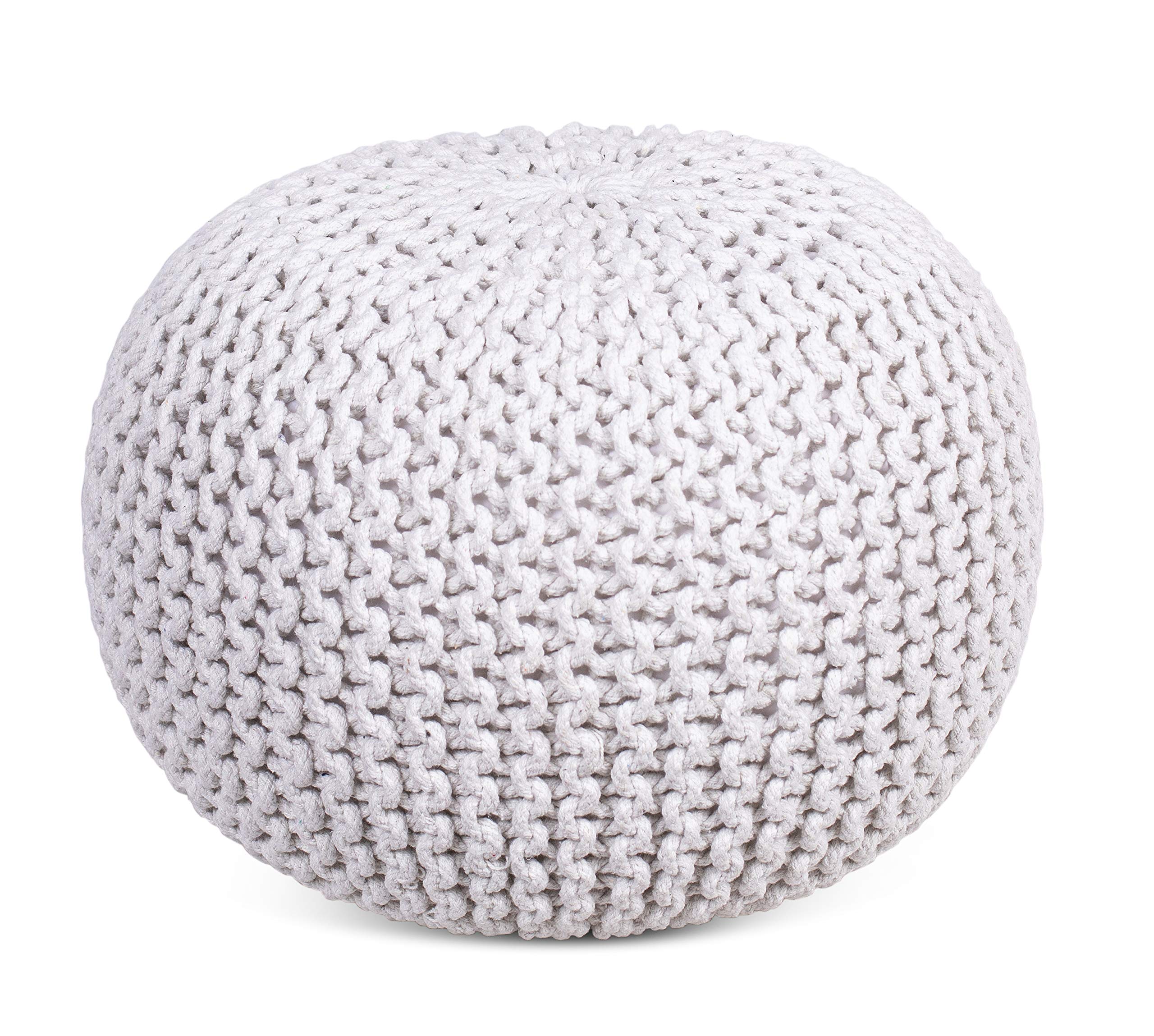 BIRDROCK HOME Round Pouf Ottoman | Cotton Braided Foot Stool with Bean Bag Filling | Boho Foot Rest for Living Room & Bedroom | Compact & Comfortable Seating, Lightweight & Soft | Ivory