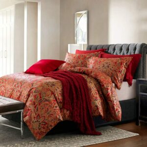 Classical Paisley Duvet Cover 3pc Set Bohemian Bedding Boteh Damask Medallion 400TC Egyptian Cotton Sateen Luxury European Traditional Style Bed Linen (Red Gold, King)