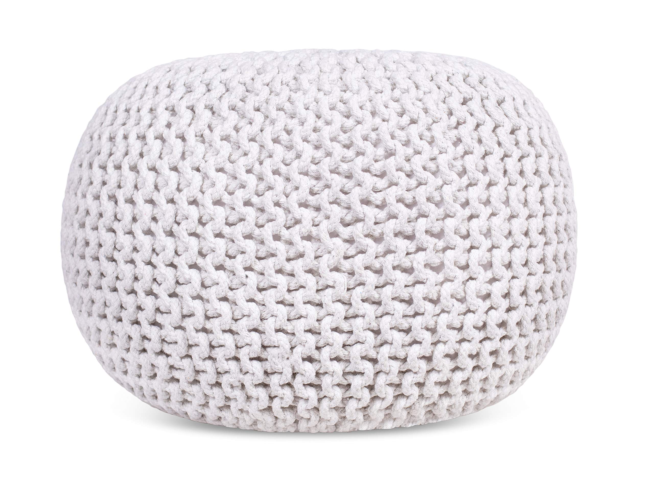 BIRDROCK HOME Round Pouf Ottoman | Cotton Braided Foot Stool with Bean Bag Filling | Boho Foot Rest for Living Room & Bedroom | Compact & Comfortable Seating, Lightweight & Soft | Ivory