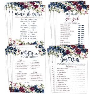 your main event prints navy and burgundy floral bridal shower bachelorette games - he said she said, find the guest quest, would she rather, what's in your phone - 25 - printed front and back