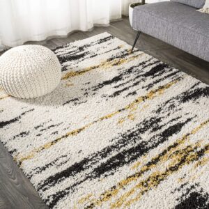 jonathan y shg102a-8 nova modern bold strie' shag indoor area-rug bohemian contemporary abstract distressed easy-cleaning bedroom kitchen living room non shedding, 8 x 10, beige/black/yellow