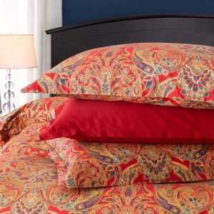 classical paisley duvet cover 3pc set bohemian bedding boteh damask medallion 400tc egyptian cotton sateen luxury european traditional style bed linen (red gold, king)