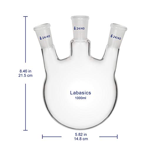 Labasics Glass 1000ml 3 Neck Round Bottom Flask RBF, with 24/40 Center and Side Standard Taper Outer Joint, 1000ml