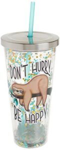 spoontiques - glitter filled acrylic tumbler - glitter cup with straw - 20 oz - stainless steel locking lid with straw - double wall insulated - bpa free - sloth