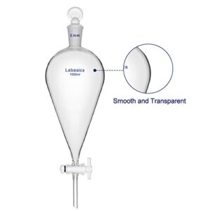 Labasics Borosilicate Glass 1000ml Conical Separatory Funnel with PTFE Stopcock, 1000mL