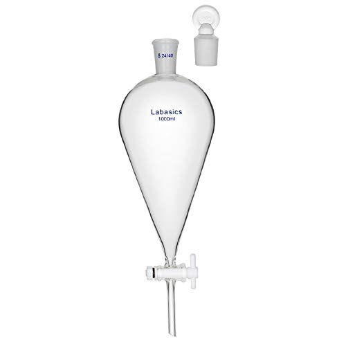 Labasics Borosilicate Glass 1000ml Conical Separatory Funnel with PTFE Stopcock, 1000mL