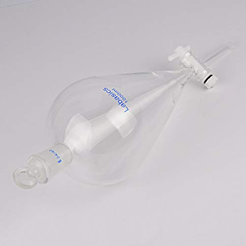 Labasics Borosilicate Glass 1000ml Conical Separatory Funnel with PTFE Stopcock, 1000mL